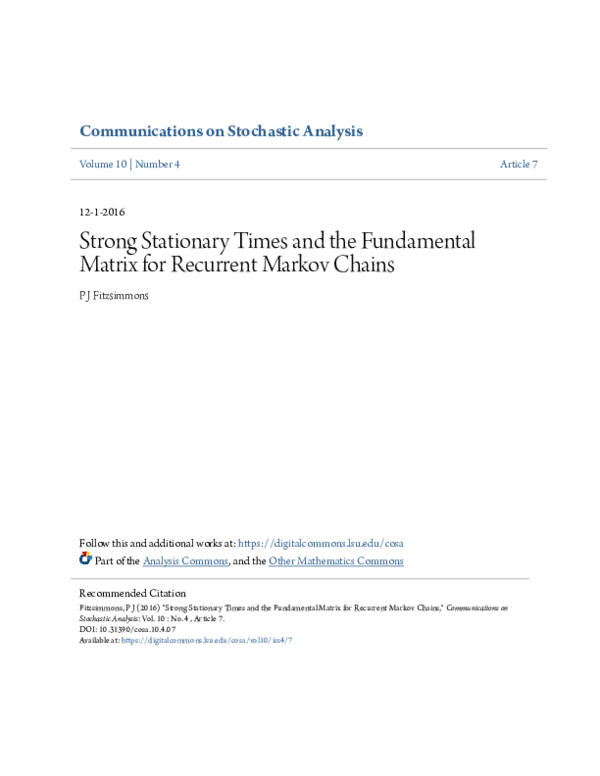(PDF) Strong Stationary Times and the Fundamental Matrix for Recurrent ...