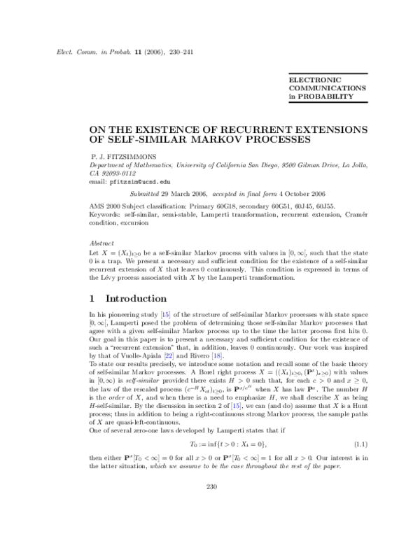 (PDF) ELECTRONIC COMMUNICATIONS in PROBABILITY ON THE EXISTENCE OF RECURRENT EXTENSIONS OF SELF ...