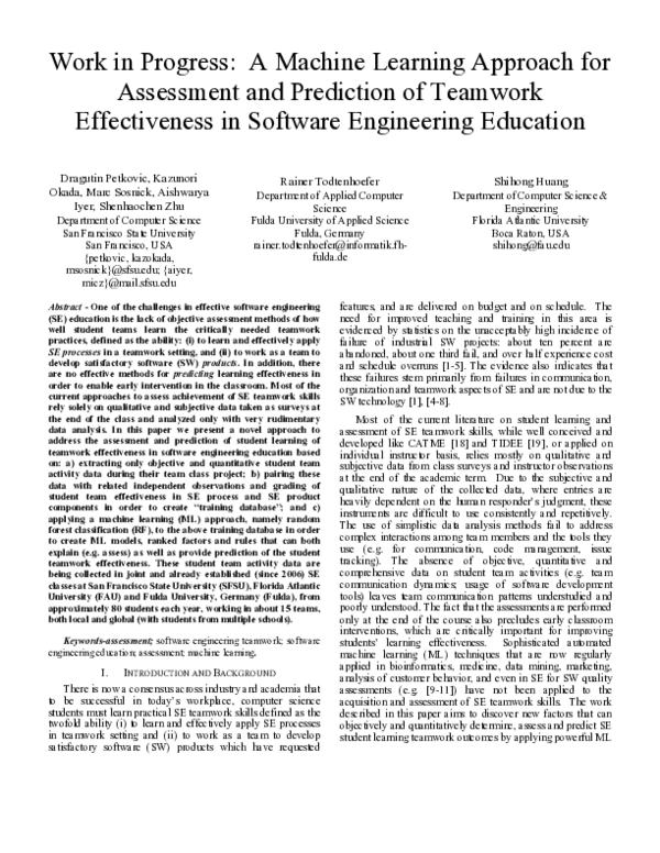 (PDF) Work in progress: A machine learning approach for assessment and prediction of teamwork ...