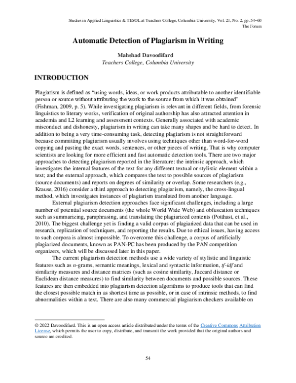 (PDF) Automatic Detection of Plagiarism in Writing