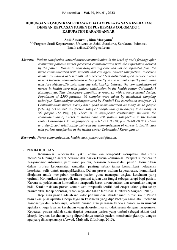 (PDF) Hubungan Komunikasi Perawat Dalam Pelayanan Kesehatan Dengan Kepuasan Pasien DI Puskesmas ...