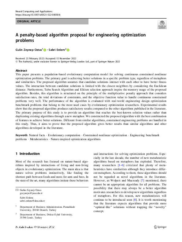 Pdf A Penalty Based Algorithm Proposal For Engineering Optimization Problems