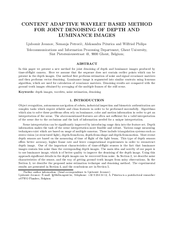 Pdf Content Adaptive Wavelet Based Method For Joint Denoising Of Depth And Luminance Images