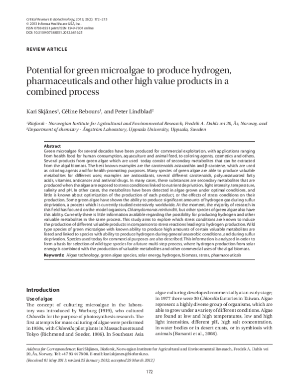 (PDF) Potential for green microalgae to produce hydrogen, pharmaceuticals and other high value ...