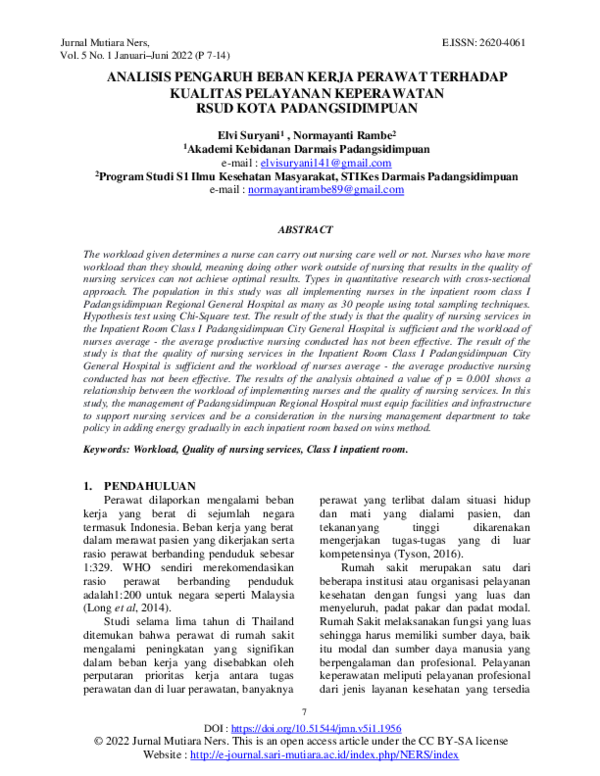 (PDF) Analisis Pengaruh Beban Kerja Perawat Terhadap Kualitas Pelayanan ... (PDF) Analisis Pengaruh Beban Kerja Perawat Terhadap Kualitas Pelayanan ...
