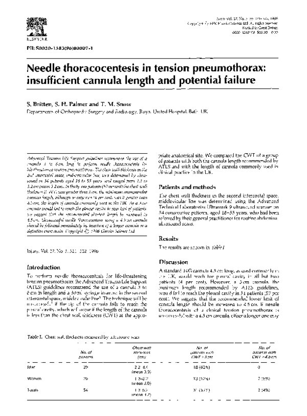 (PDF) Needle thoracocentesis in tension pneumothorax: Insufficient ...