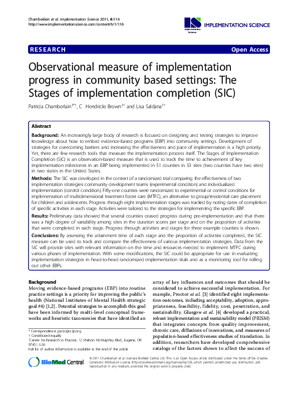 Pdf Observational Measure Of Implementation Progress In Community Based Settings The Stages