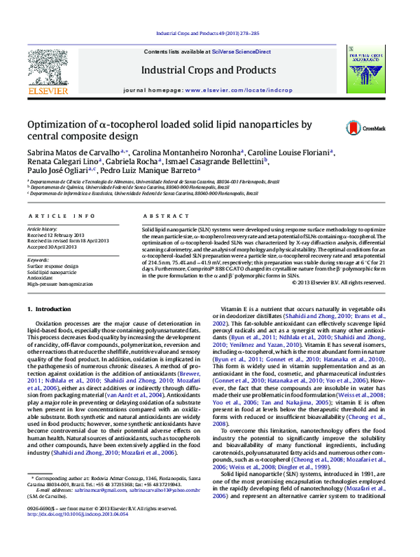 Pdf Optimization Of α Tocopherol Loaded Solid Lipid Nanoparticles By Central Composite Design