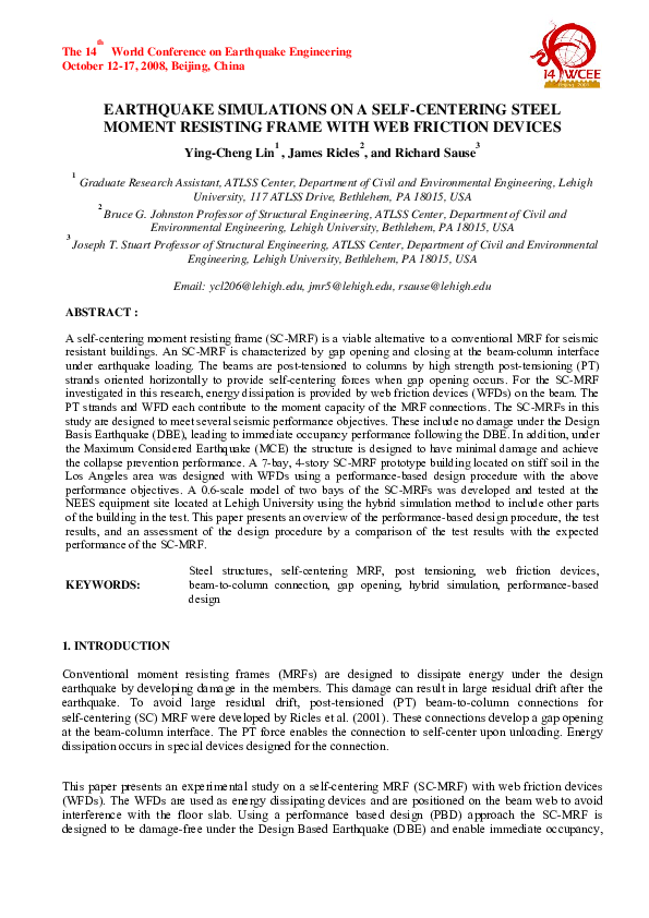 (PDF) Earthquake Simulations on a Self-Centering Steel Moment Resisting Frame with Web Friction ...