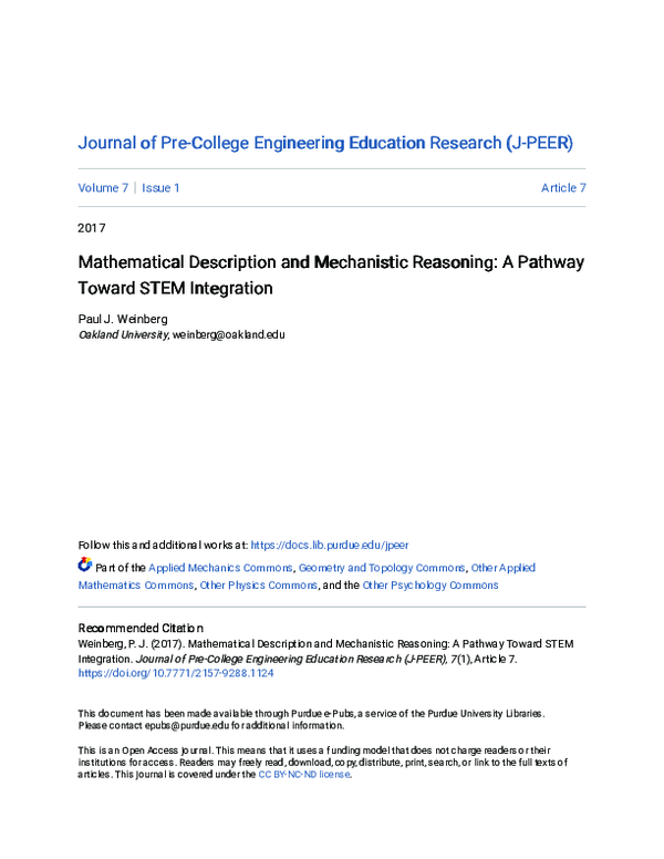 (PDF) Mathematical Description and Mechanistic Reasoning: A Pathway Toward STEM Integration