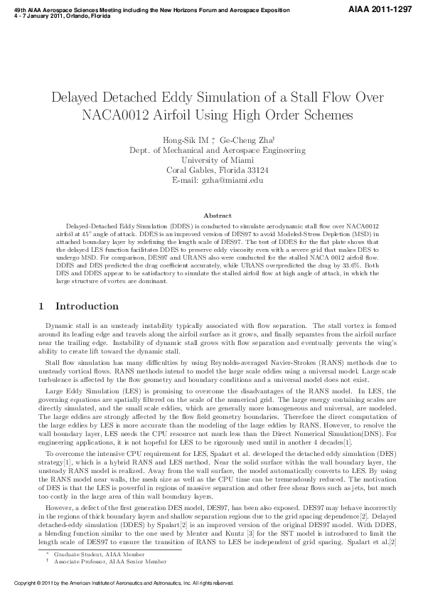 (PDF) Delayed Detached Eddy Simulation of a Stall Flow Over NACA0012 Airfoil Using High Order ...