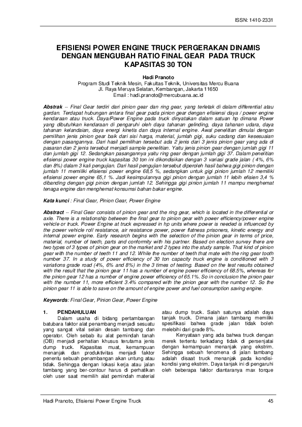 (PDF) Efisiensi Power Engine Truck Pergerakan Dinamis Dengan Mengubah Ratio Final Gear Pada ...