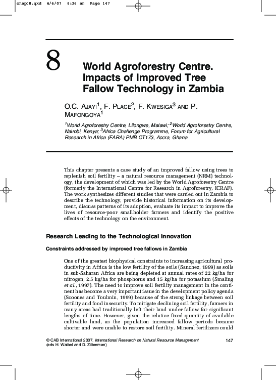 (PDF) World Agroforestry Centre. Impacts of improved tree fallow technology in Zambia