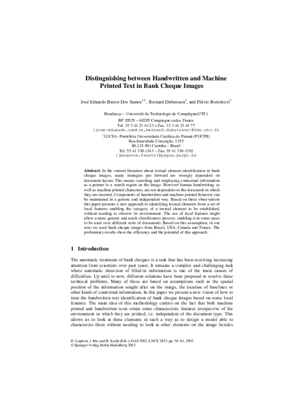 (PDF) Distinguishing between Handwritten and Machine Printed Text in ...
