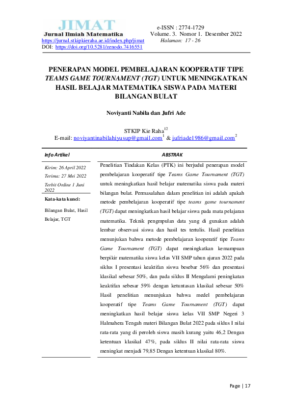 (PDF) Penerapan Model Pembelajaran Kooperatif Tipe Teams Game Tournament (TGT) Untuk ...