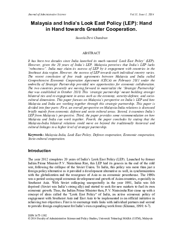 (PDF) Malaysia and India’s Look East Policy (LEP) : handin hand towards ...