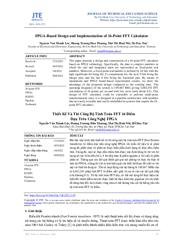 (PDF) Thiết Kế Và Thi Công Bộ Tính Toán FFT 16 Điểm Dựa Trên Công Nghệ FPGA