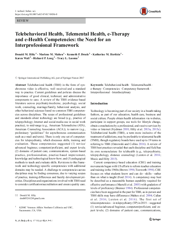 (PDF) Telebehavioral Health, Telemental Health, e-Therapy and e-Health Competencies: the Need ...