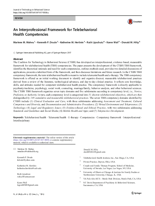 (PDF) An Interprofessional Framework for Telebehavioral Health Competencies