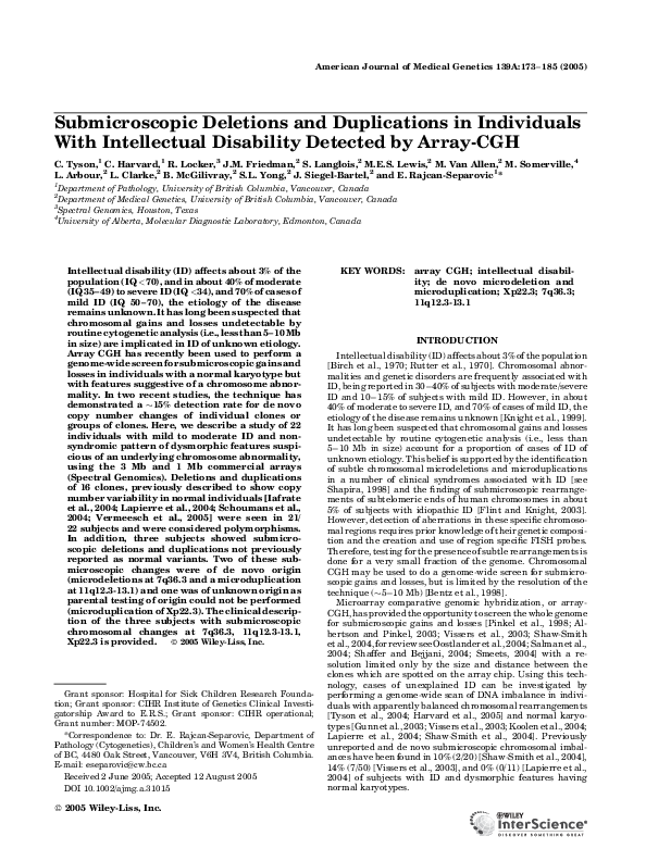 Pdf Submicroscopic Deletions And Duplications In Individuals With Intellectual Disability