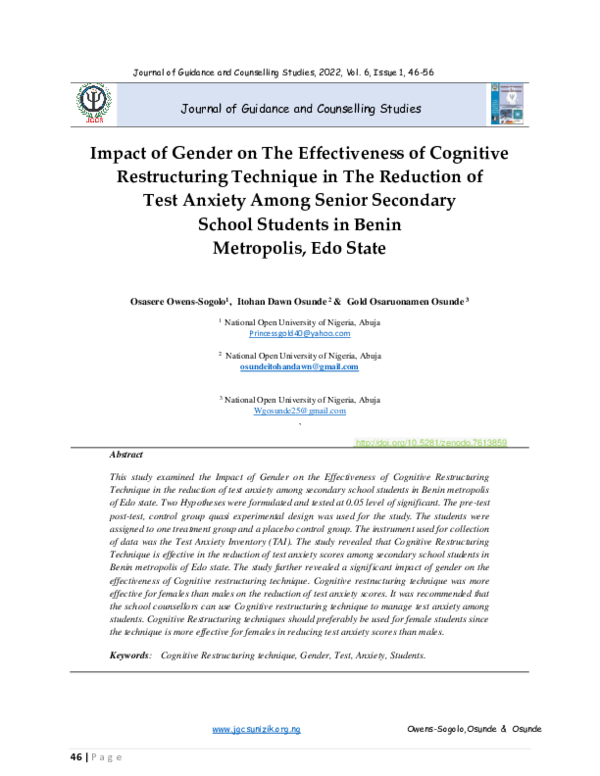 (PDF) Impact of Gender on The Effectiveness of Cognitive Restructuring ...