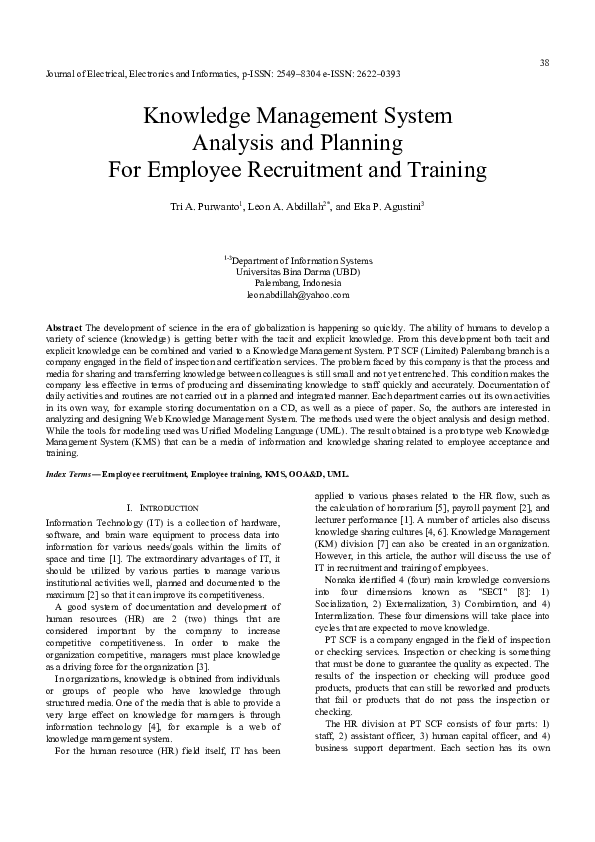 (PDF) Knowledge Management Systems Analysis and Planning for Employees Recruitment and Training