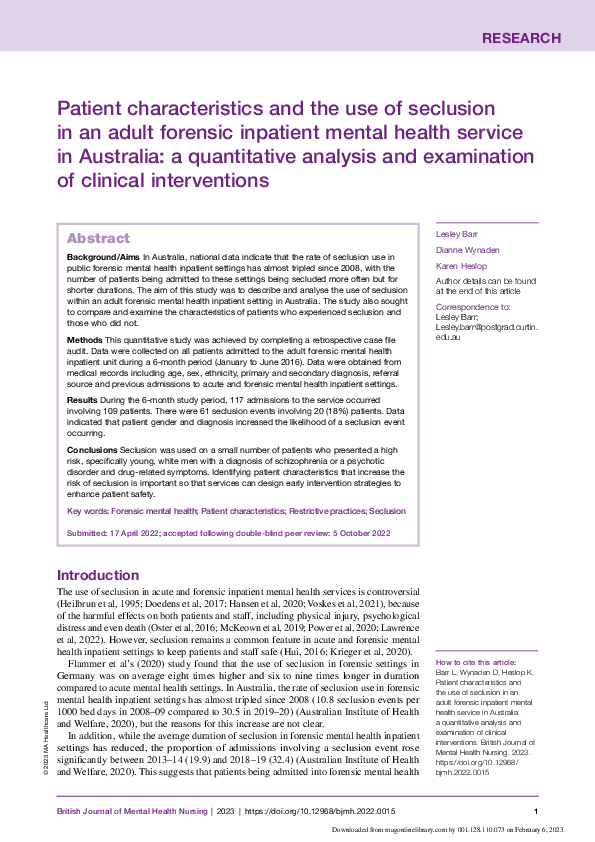(PDF) Patient characteristics and the use of seclusion in an adult ...