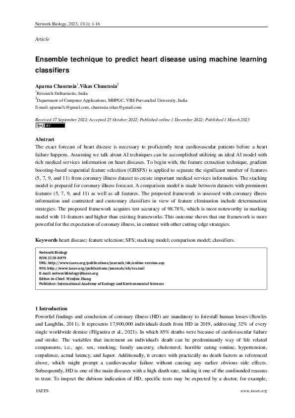 Pdf Ensemble Technique To Predict Heart Disease Using Machine