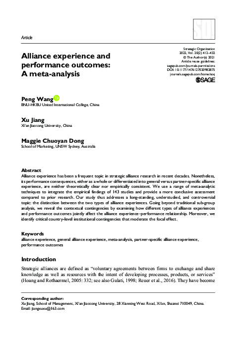 (PDF) Alliance experience and performance outcomes: A meta-analysis