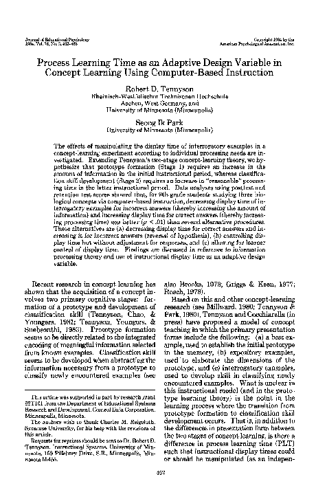 Pdf Process Learning Time As An Adaptive Design Variable In Concept Learning Using Computer