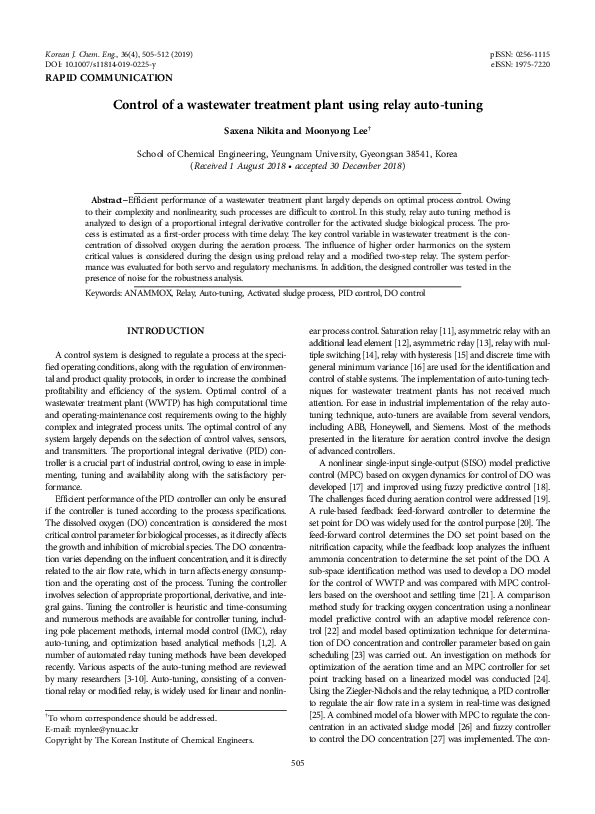 (PDF) Control of a wastewater treatment plant using relay auto-tuning