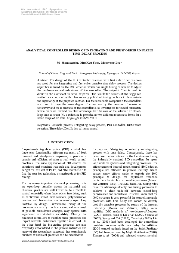 Pdf Analytical Controller Design Of Integrating And First Order