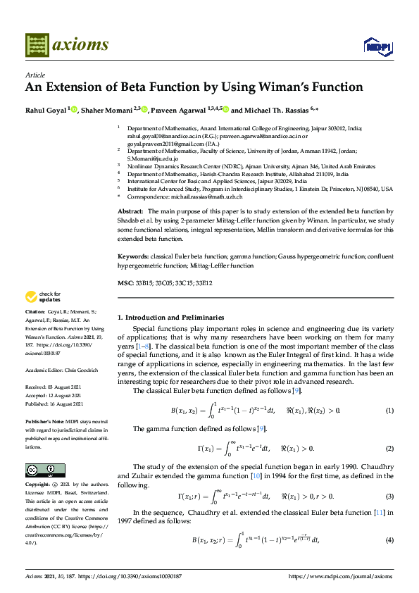 Pdf An Extension Of Beta Function By Using Wimans Function