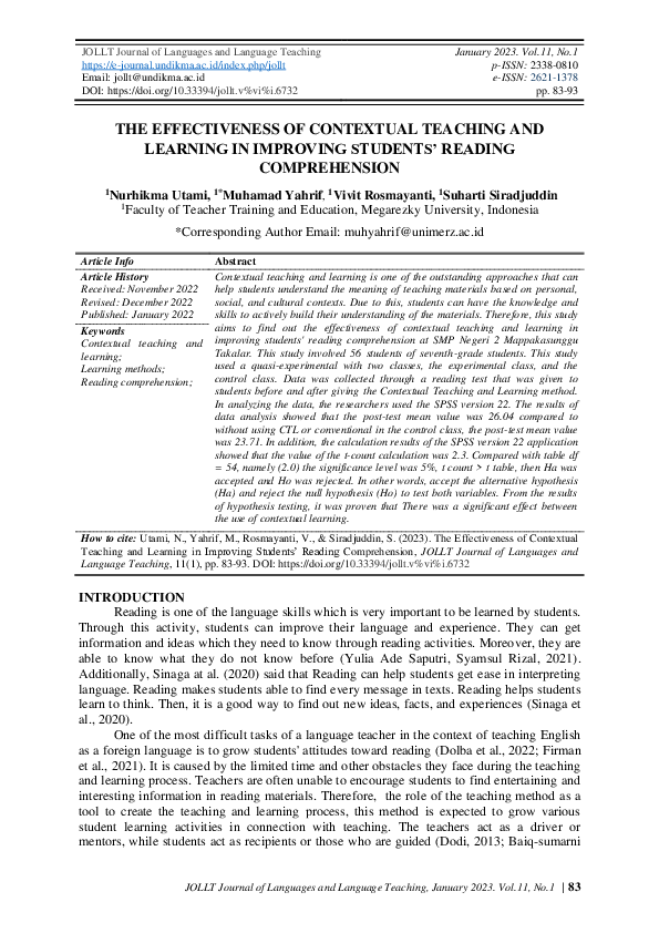 (PDF) The Effectiveness of Contextual Teaching and Learning in Improving Students’ Reading ...
