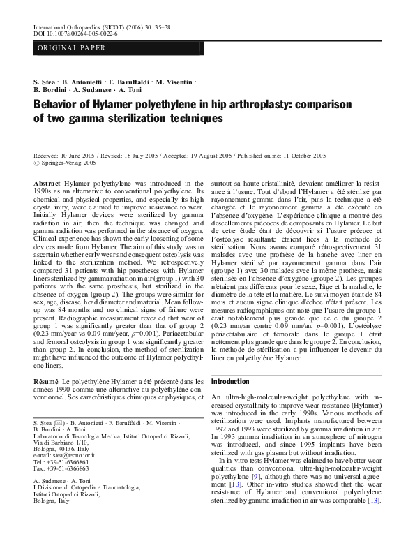 (PDF) Behavior of Hylamer polyethylene in hip arthroplasty: comparison ...