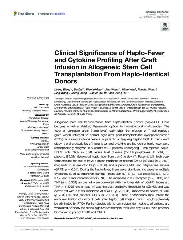 (PDF) Clinical Significance of Haplo-Fever and Cytokine Profiling After ...