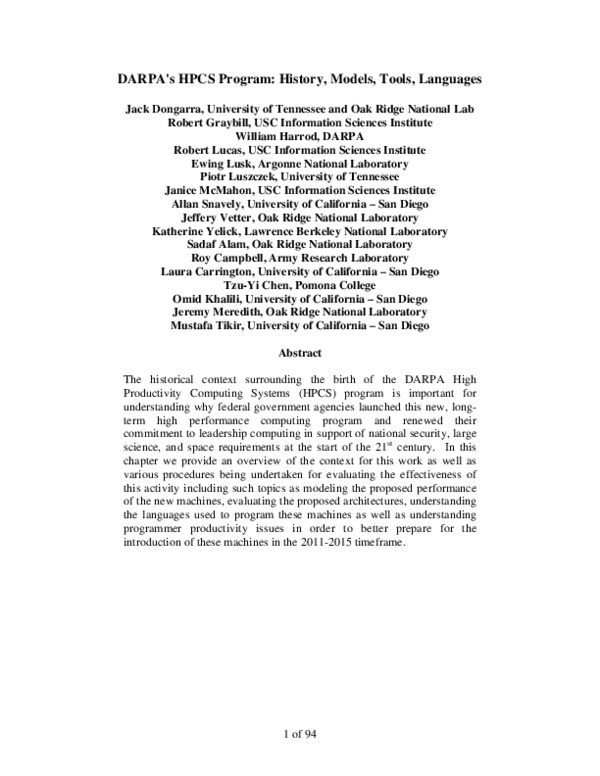 (PDF) DARPA's HPCS Program: History, Models, Tools, Languages