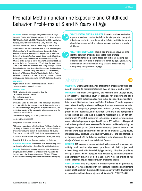 (PDF) Prenatal Methamphetamine Exposure and Childhood Behavior Problems ...