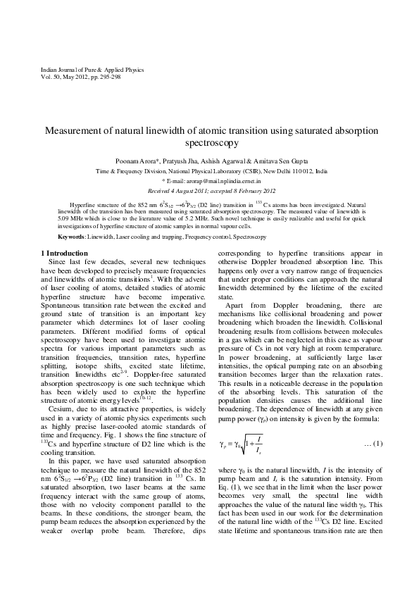 (PDF) Measurement of natural linewidth of atomic transition using saturated absorption s ...