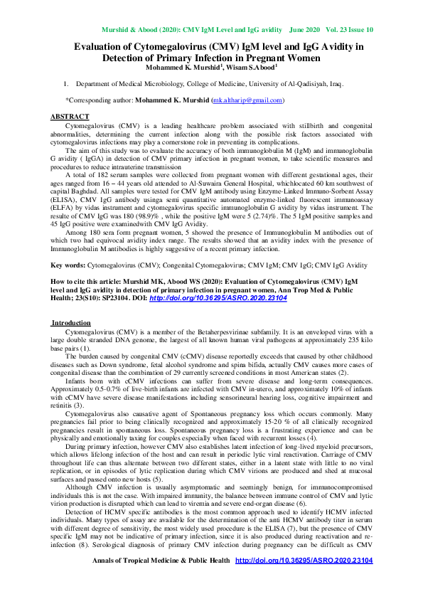 (PDF) Evaluation of Cytomegalovirus (CMV) IgM level and IgG Avidity in ...