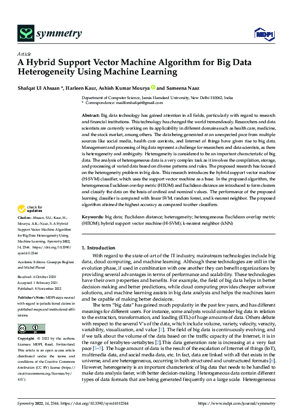 Pdf A Hybrid Support Vector Machine Algorithm For Big Data Heterogeneity Using Machine Learning