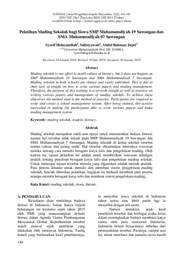 (PDF) Pelatihan Mading Sekolah bagi Siswa SMP Muhamamdiyah 19 Sawangan dan SMA Muhammadiyah 07 ...
