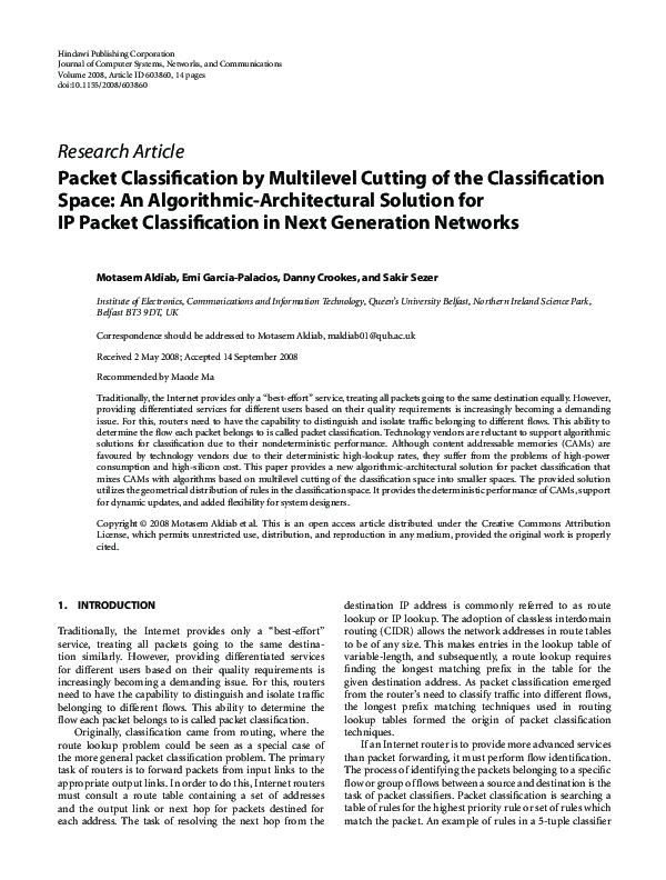 (PDF) Packet Classification by Multilevel Cutting of the Classification ...