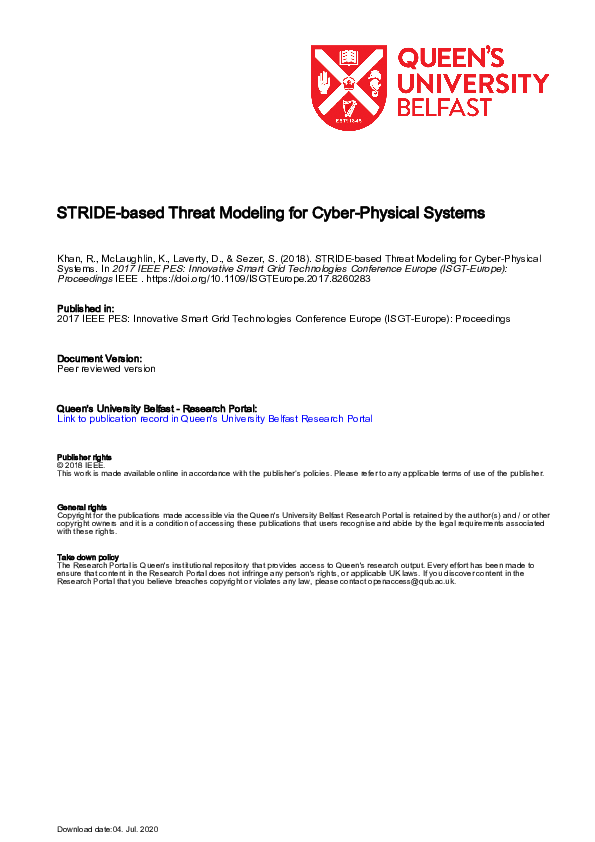 (PDF) STRIDE-based threat modeling for cyber-physical systems