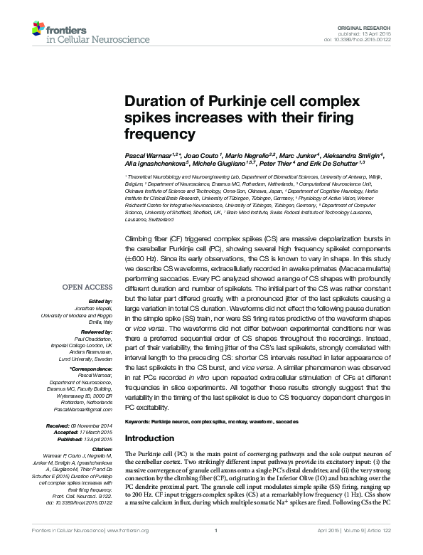 (PDF) Duration of Purkinje cell complex spikes increases with their ...