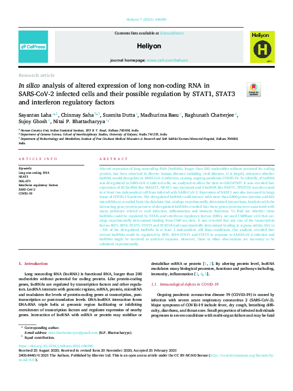 (PDF) In silico analysis of altered expression of long non-coding RNA in SARS-CoV-2 infected ...