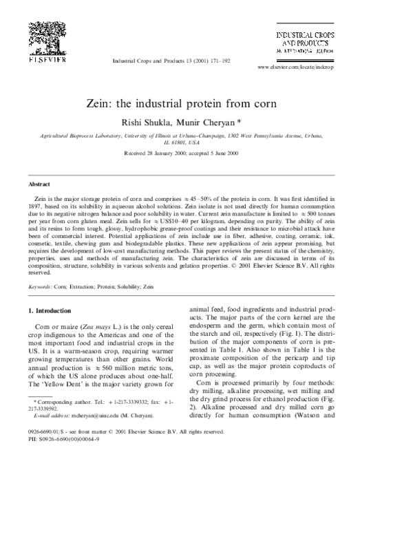 (PDF) Zein: the industrial protein from corn