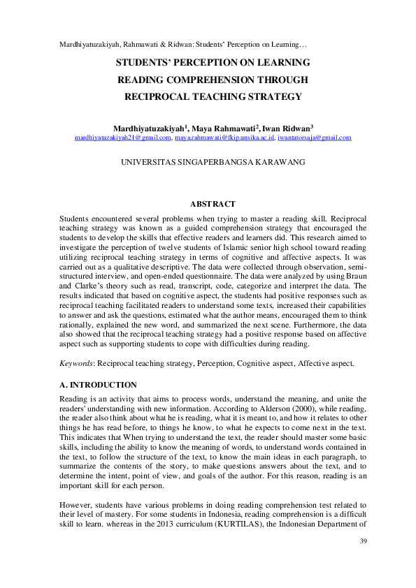 (PDF) Students’ Perception on Learning Reading Comprehension Through ...