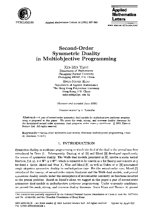 Pdf Second Order Symmetric Duality In Multiobjective Programming
