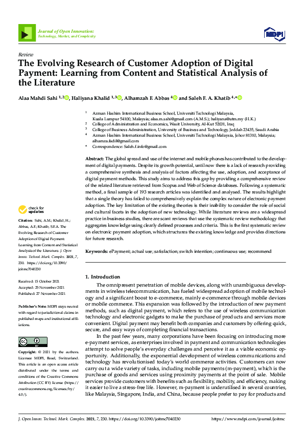 (PDF) The Evolving Research of Customer Adoption of Digital Payment: Learning from Content and ...
